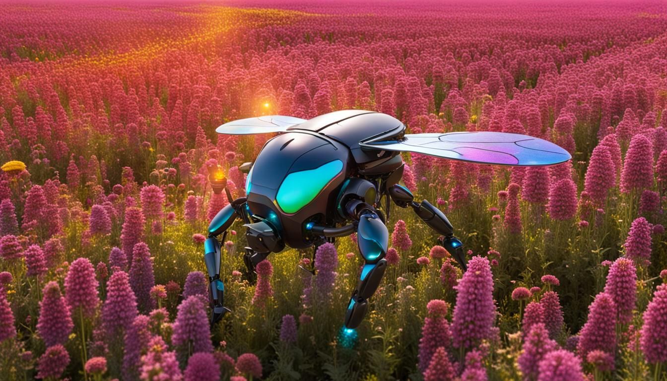 Pollinator Drone: A bee-shaped robot with shimmering, iridescent wings ...