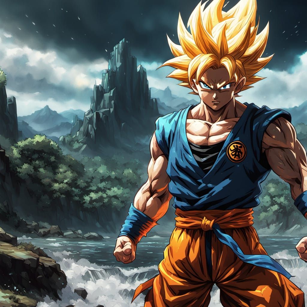 A dramatic scene featuring Goku from Dragon Ball Z in a tattered outfit ...