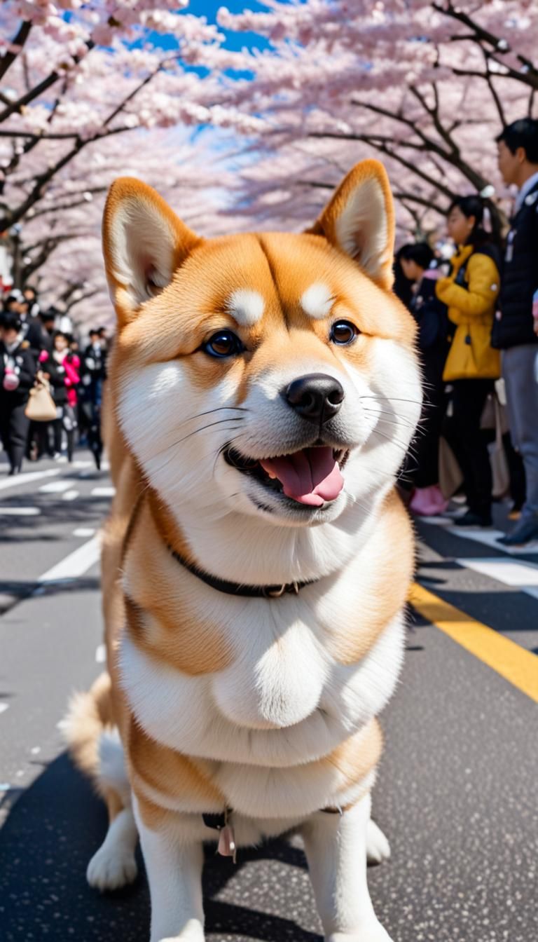 Cute Shiba Inu on Shimbashi-dori street during cherry blossom season ...