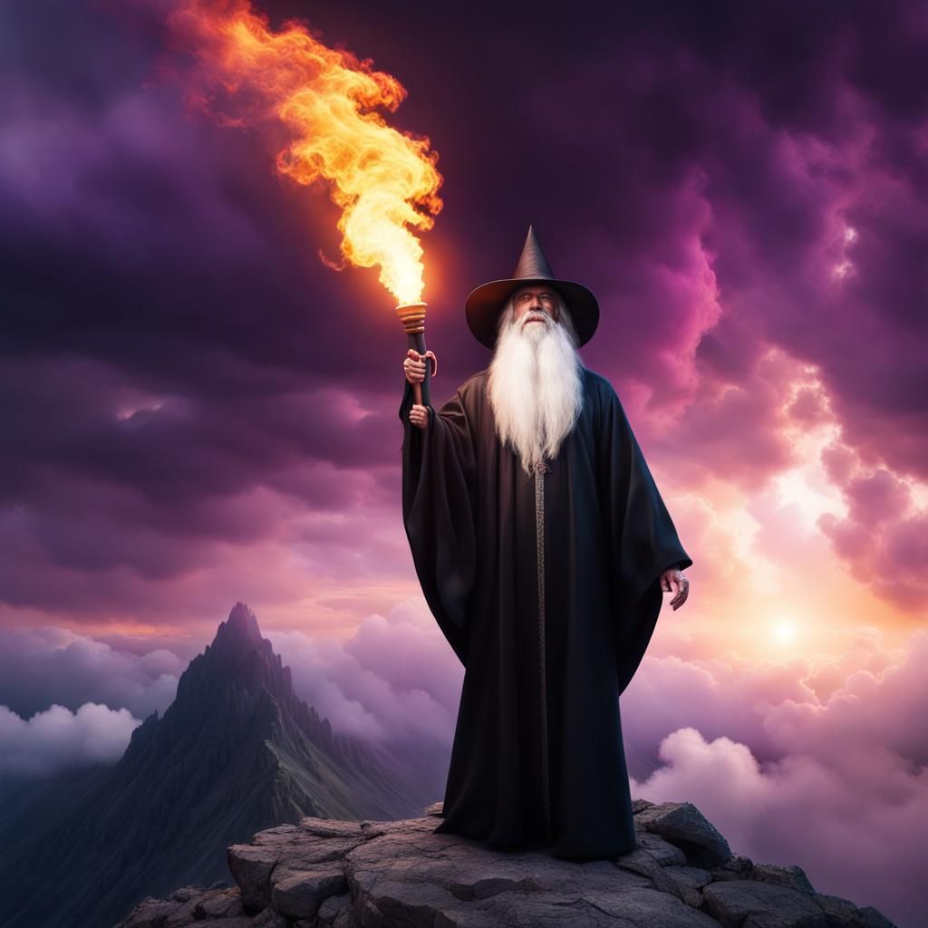 A hyper-realistic great white bearded wizard dressed all in black holds ...