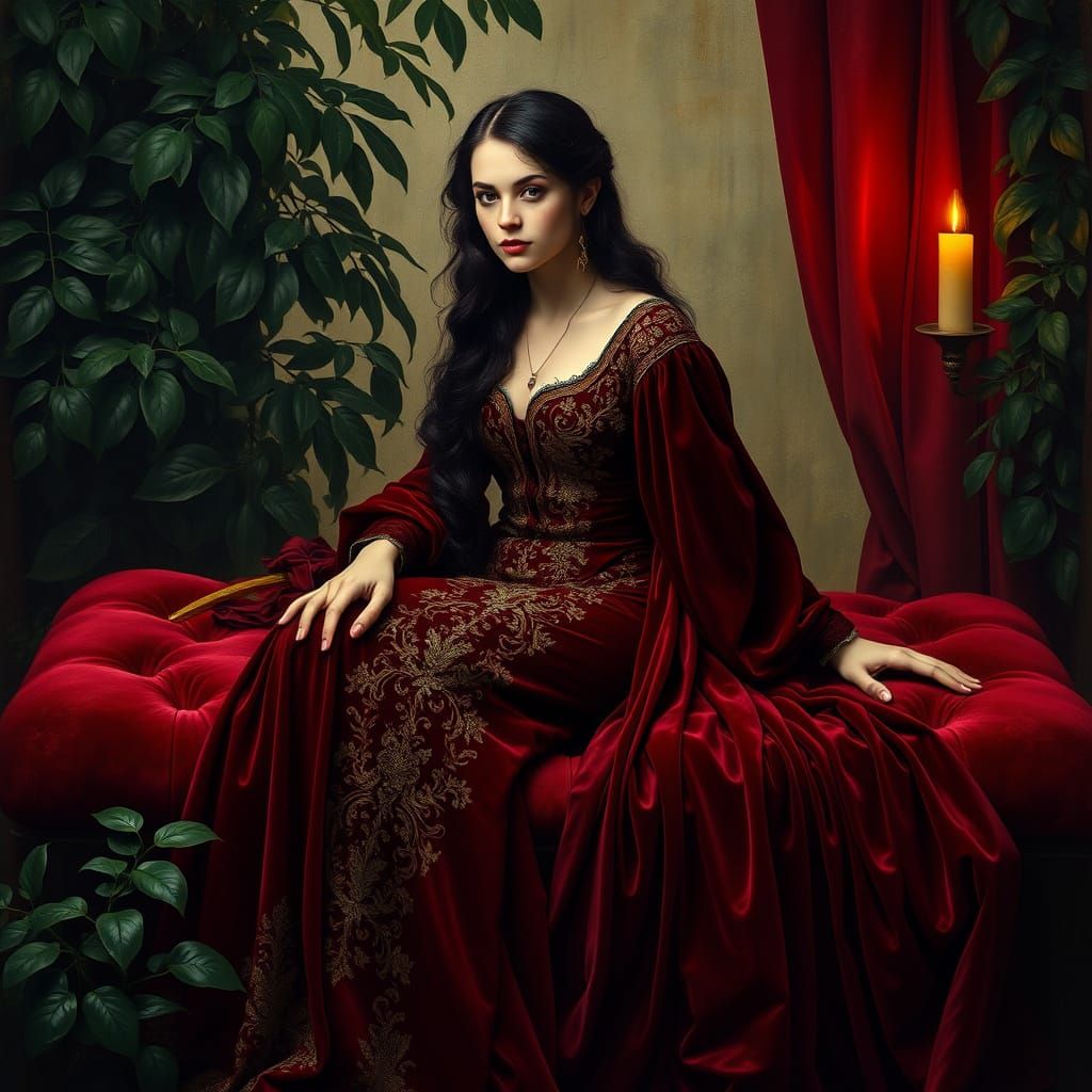 Sensual Pre-Raphaelite Goddess in Velvet Gown - AI Art