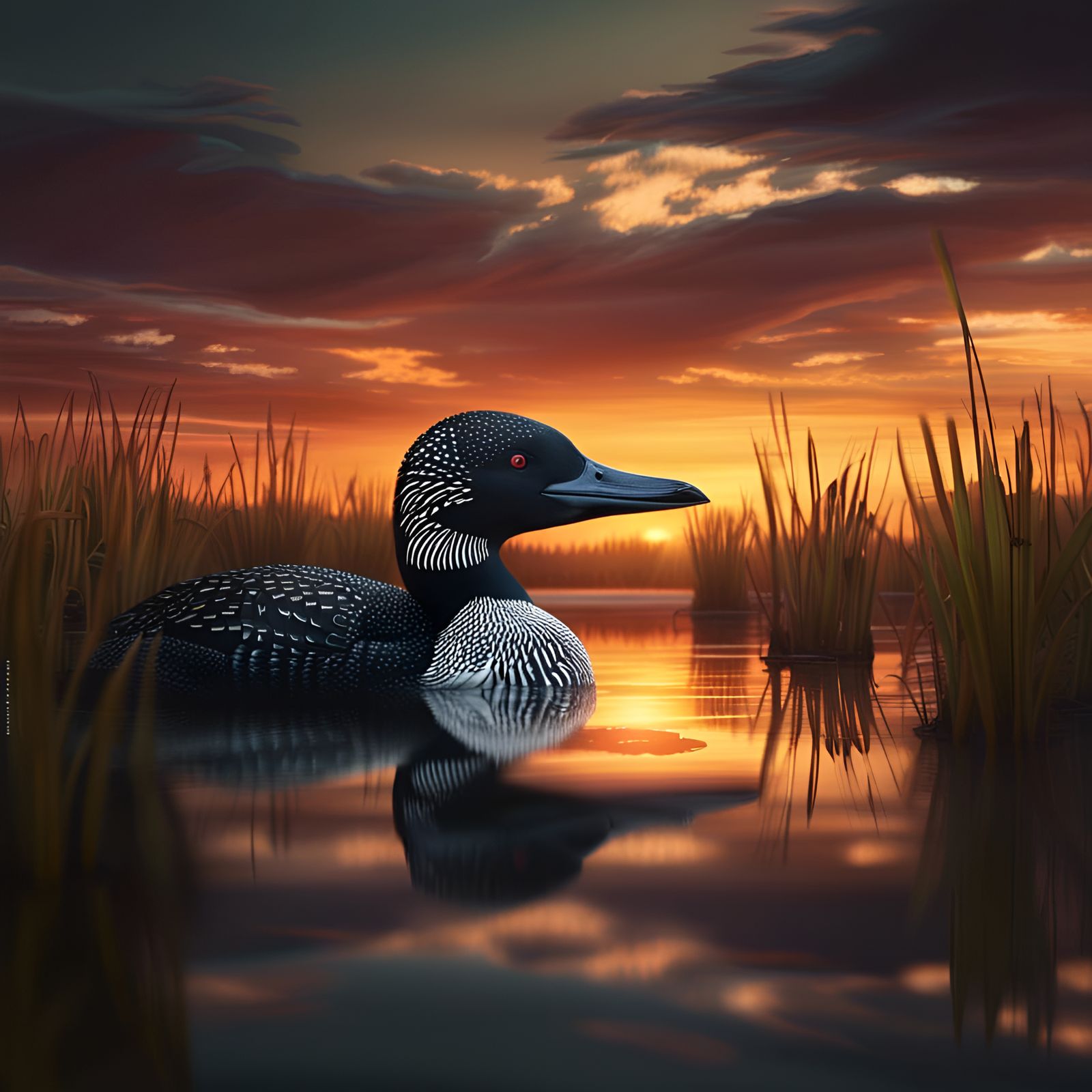 beautiful loon bird in a marsh at sunset - AI Generated Artwork ...