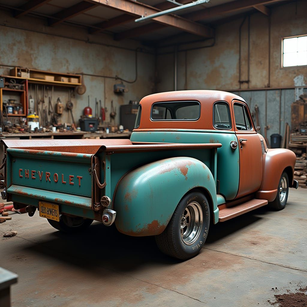 Vintage Chevy C10 Slammed Show Truck in Workshop - AI Art