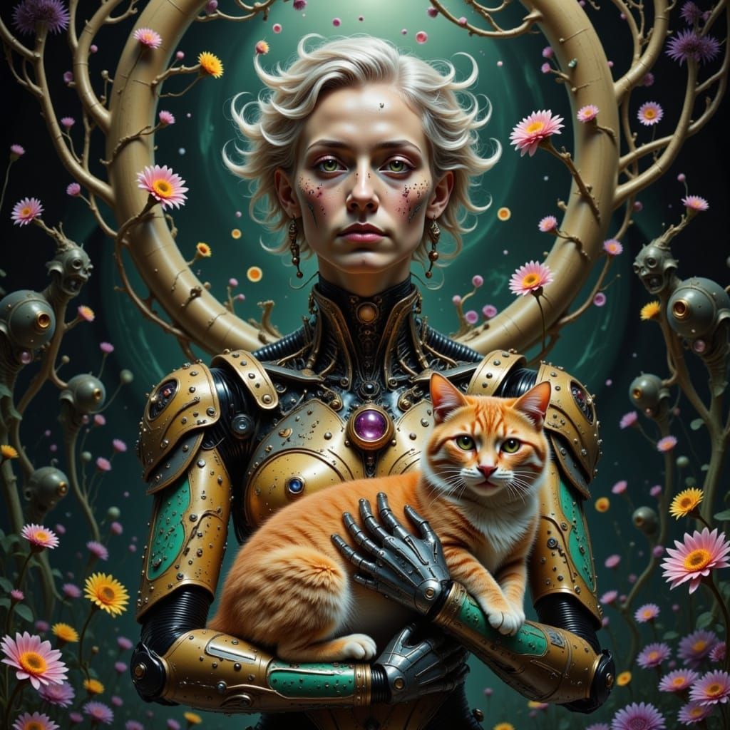 machine cyborg android lady holding a fluffy cat