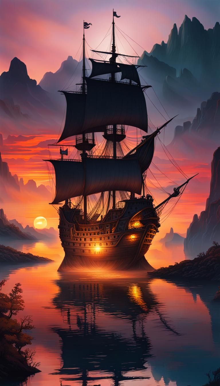 A hyper-detailed maximalist wonderful old pirate ship in the lake ...