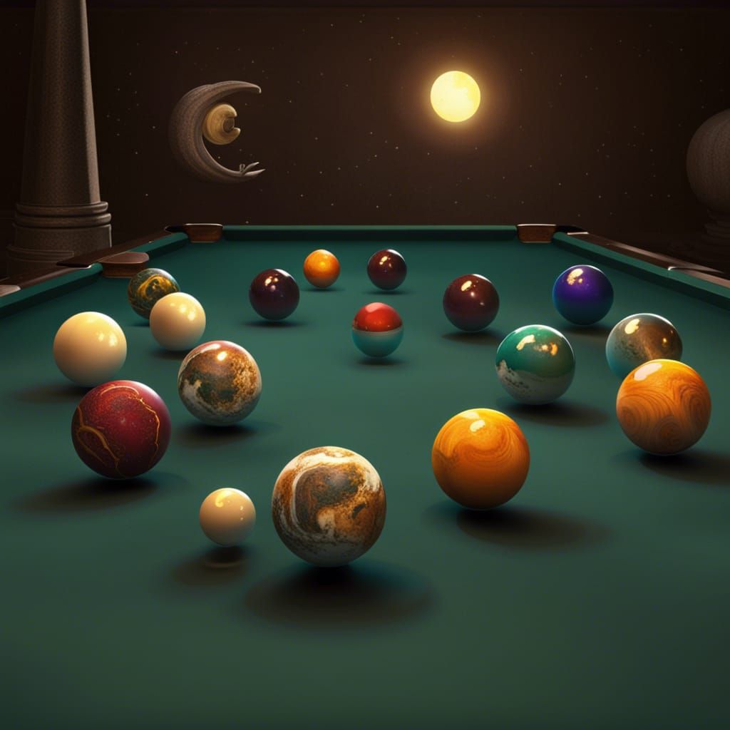a pool table that has a different planet as each one of the balls. the ...