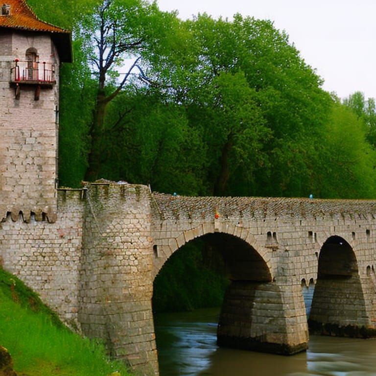 Medieval fortified bridge with a watchtower, over a mighty impassable ...