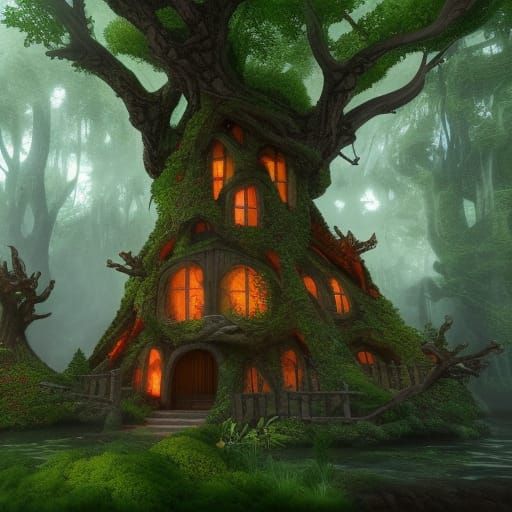 woodland elven home interior built into a large tree, fantasy, 4k, - AI ...