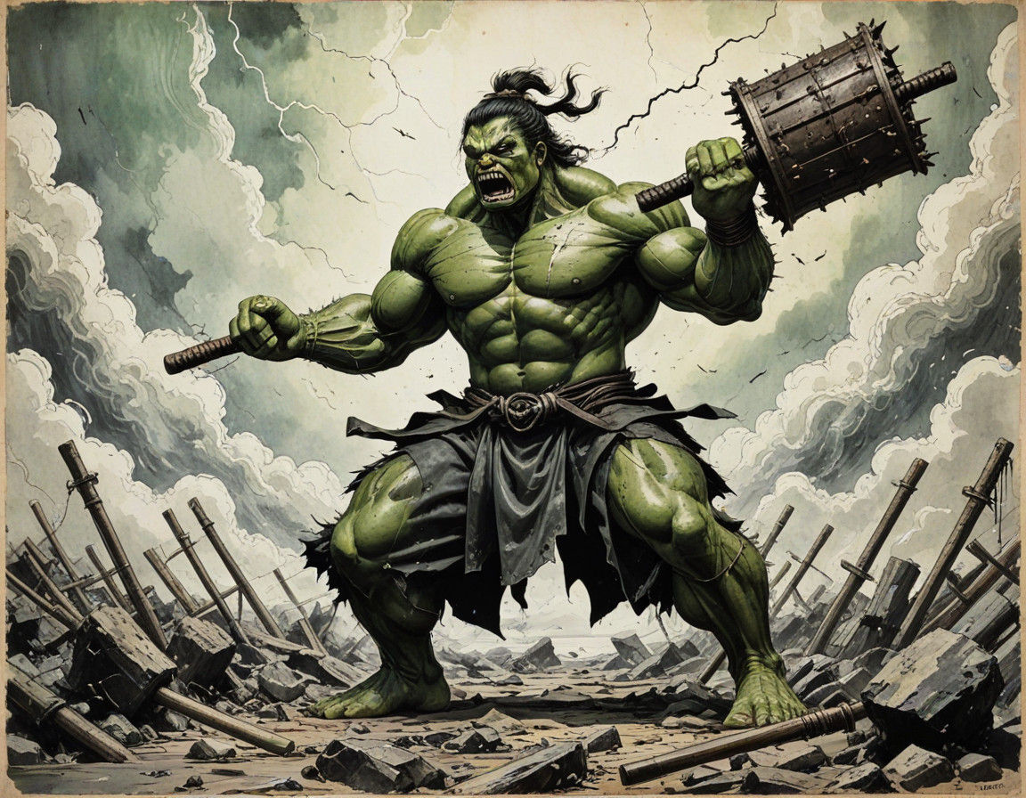 Vibrant Samurai Hulk in Dark, Expressive Cyborg Ar... - AI Art