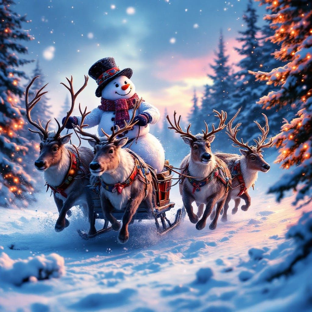 Snowman riding reindeer sledge - Snowman Rides Sleigh in Win...