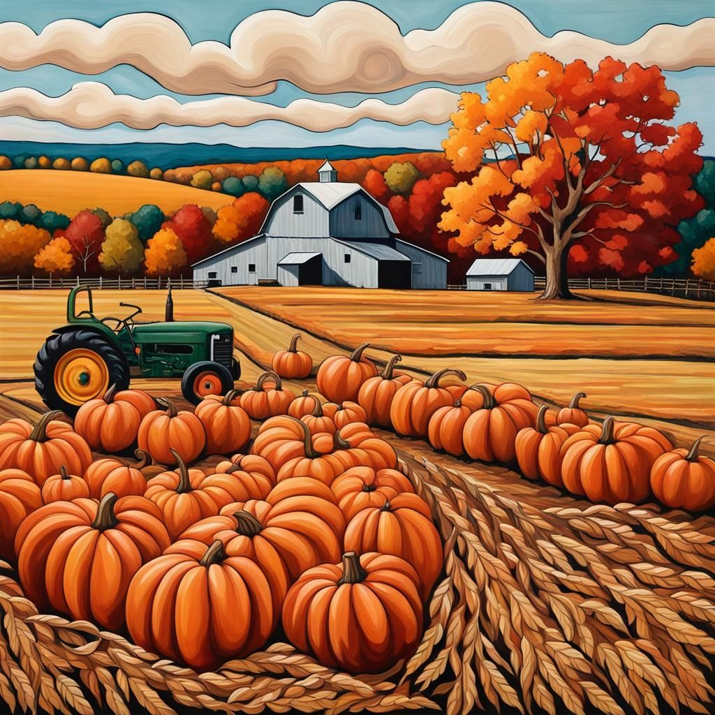 detailed fall Harvest on a rural farm, abstract art complementary ...