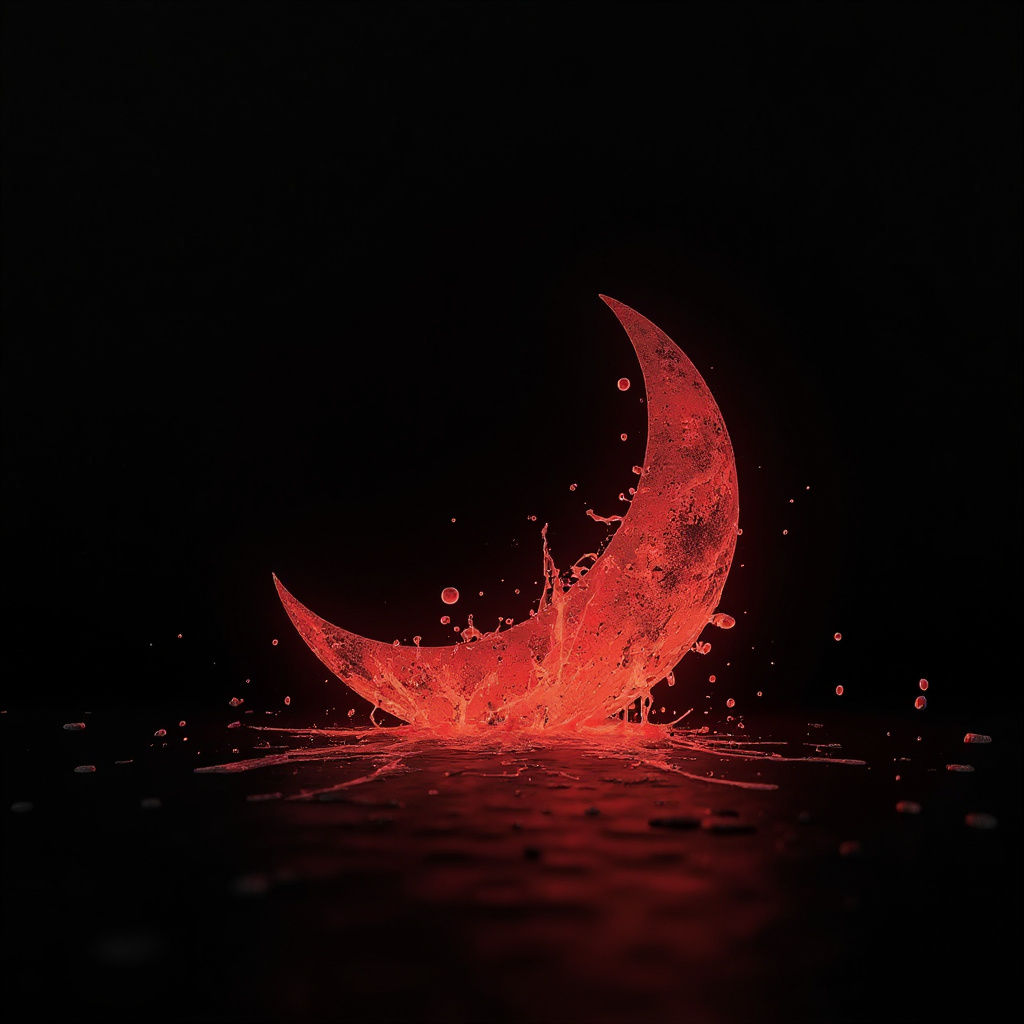 Melting Red Crescent Moon on Black Background - AI Art