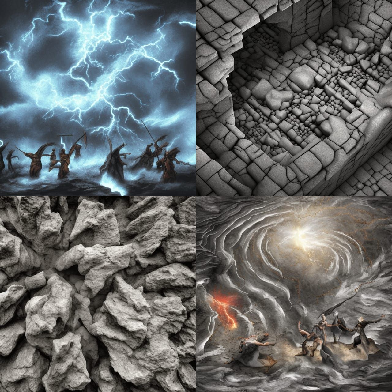 storm of earth, fire, wind and water coming together in a stone dungeon ...