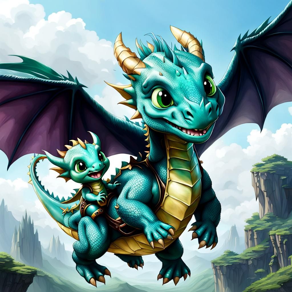 A cute baby dragon flying with his dragon father