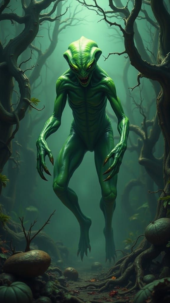 Menacing Alien Lurks in Dark, Twisted Woods - AI Art