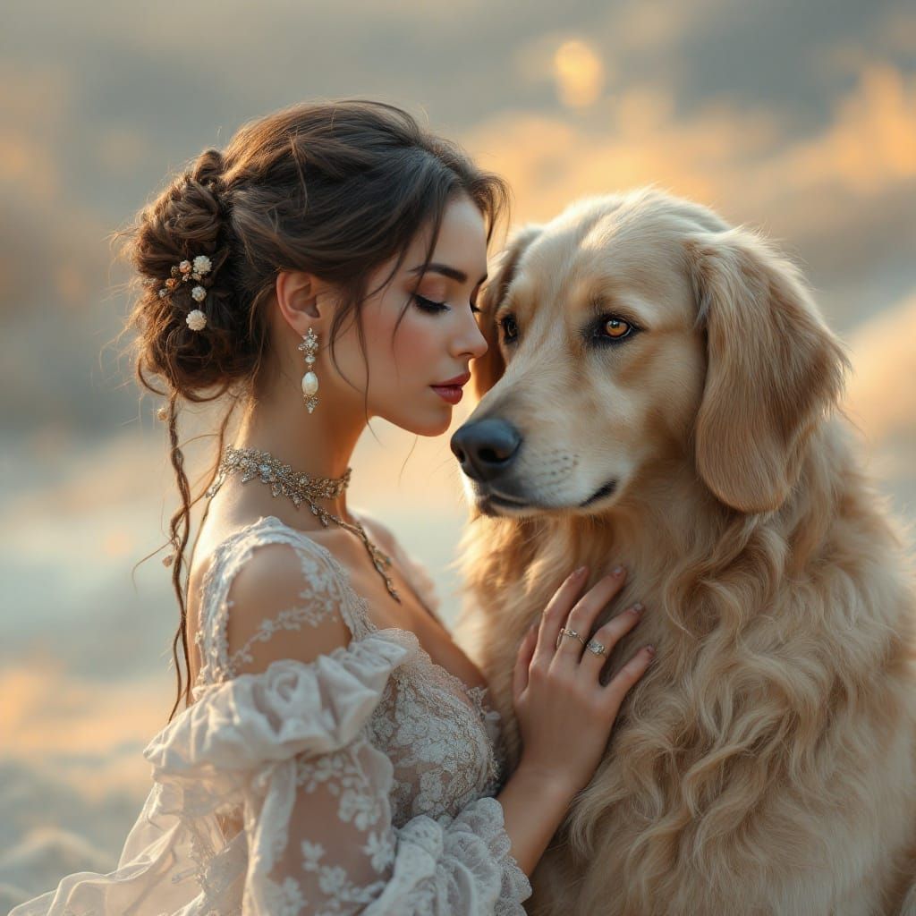 Serene Portrait of a Woman and Her Afghan Windhoun... - AI Art