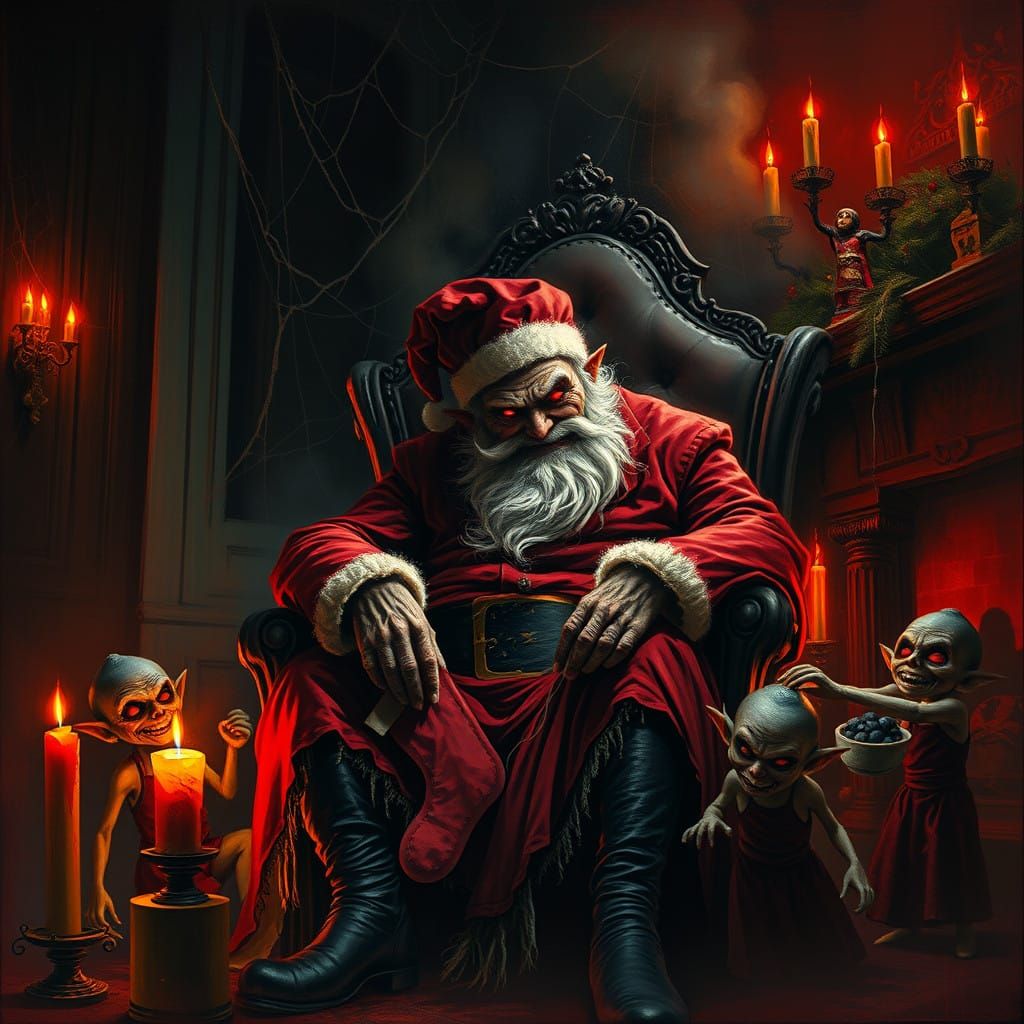 Christmas horror, haunting place of a evil looking Santa Claus with red ...