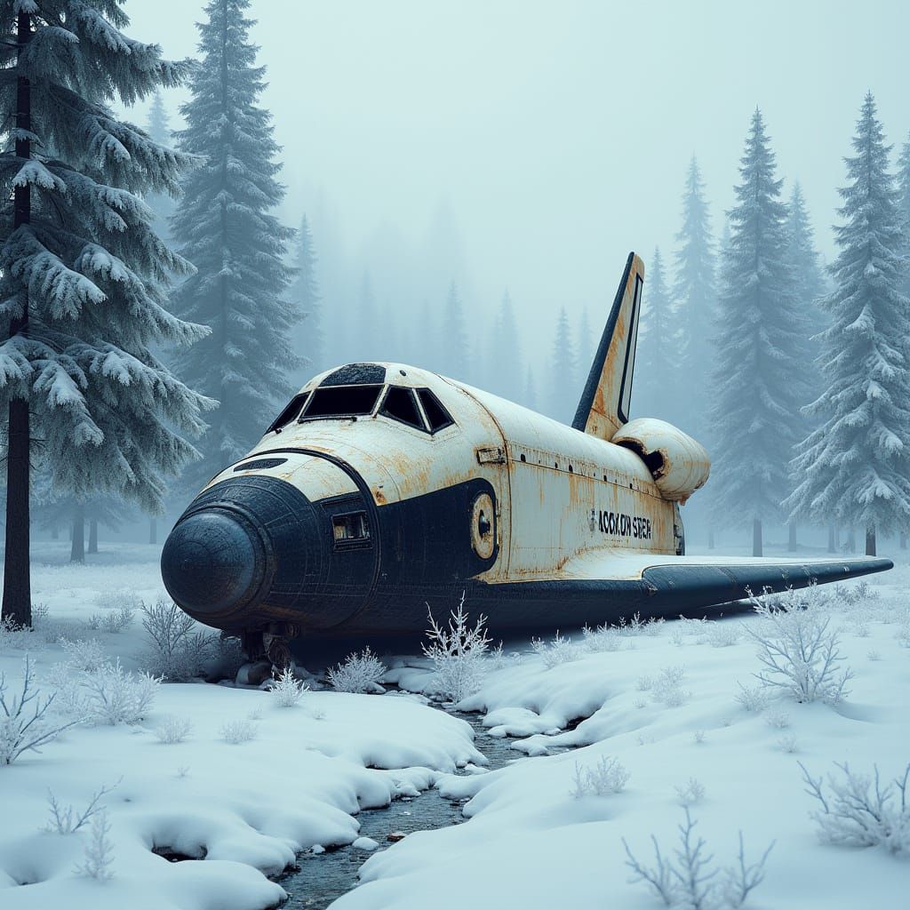 Space Shuttle Wreckage in Snowy Forest, Digital Ar... - AI Art