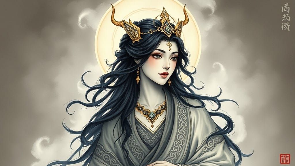 A striking, greyscale portrait of the Goddess Danu, rendered in the ...