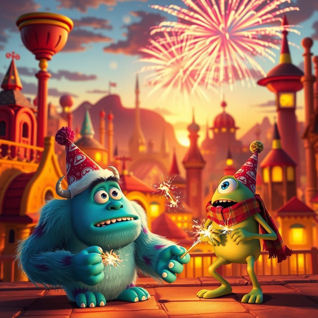 Cut Monsters from Monsters.inc. holding sparkers and watching fireworks,