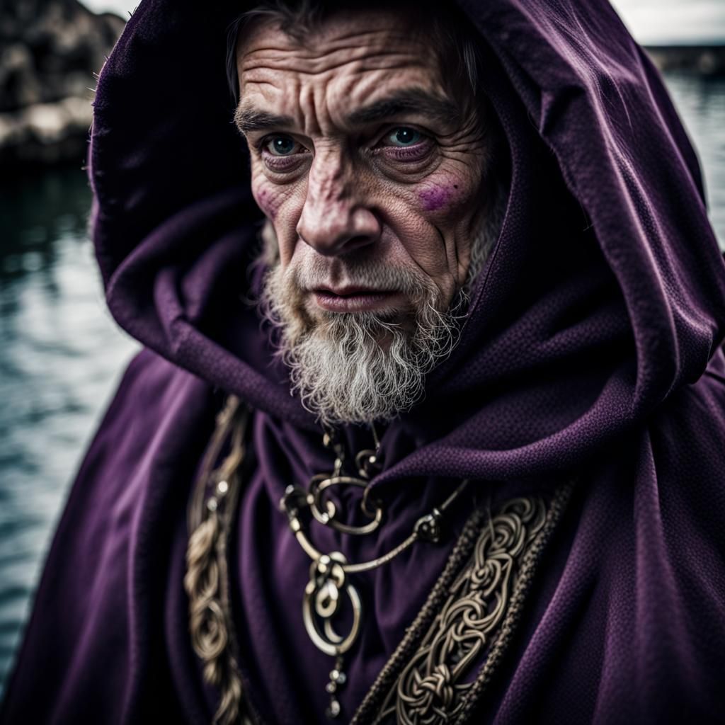 Dungeons and dragons, a dwarf standing on a dock, in a medieval harbor ...