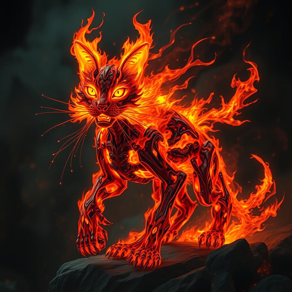 Cat made of hellfire - Fiery Feline Monstrosity in Dark, Bio...
