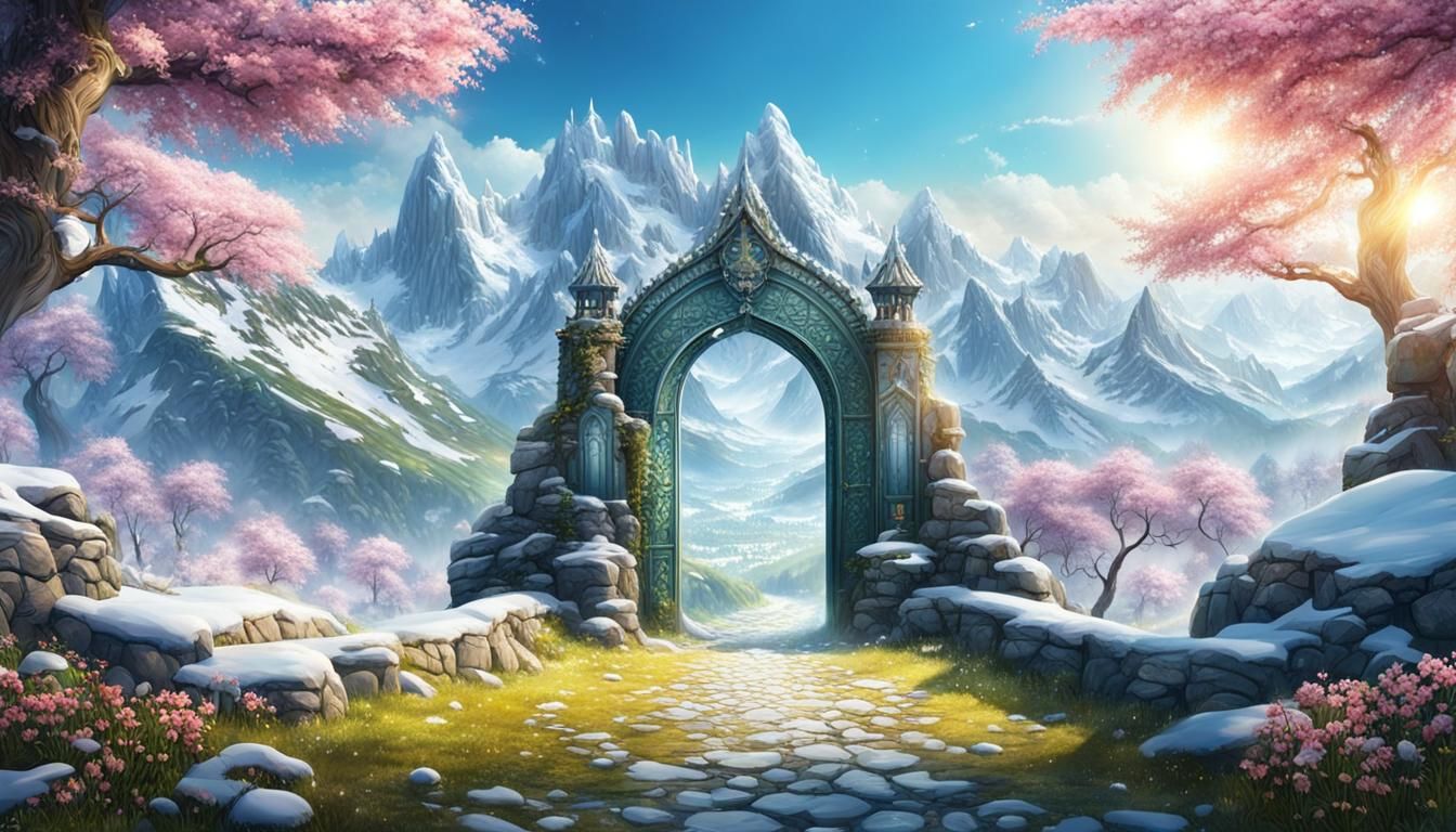 Breathtaking beautiful fantasy theme. A monumental mountain Gate ...
