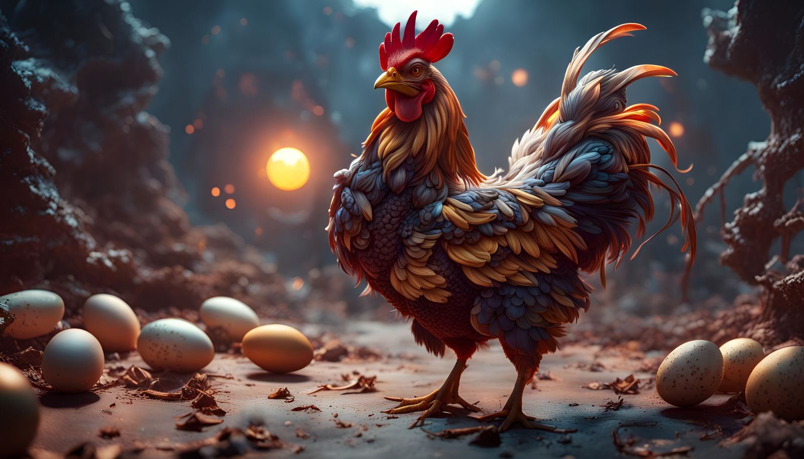 Cyborg Chicken shooting eggs - AI Generated Artwork - NightCafe Creator