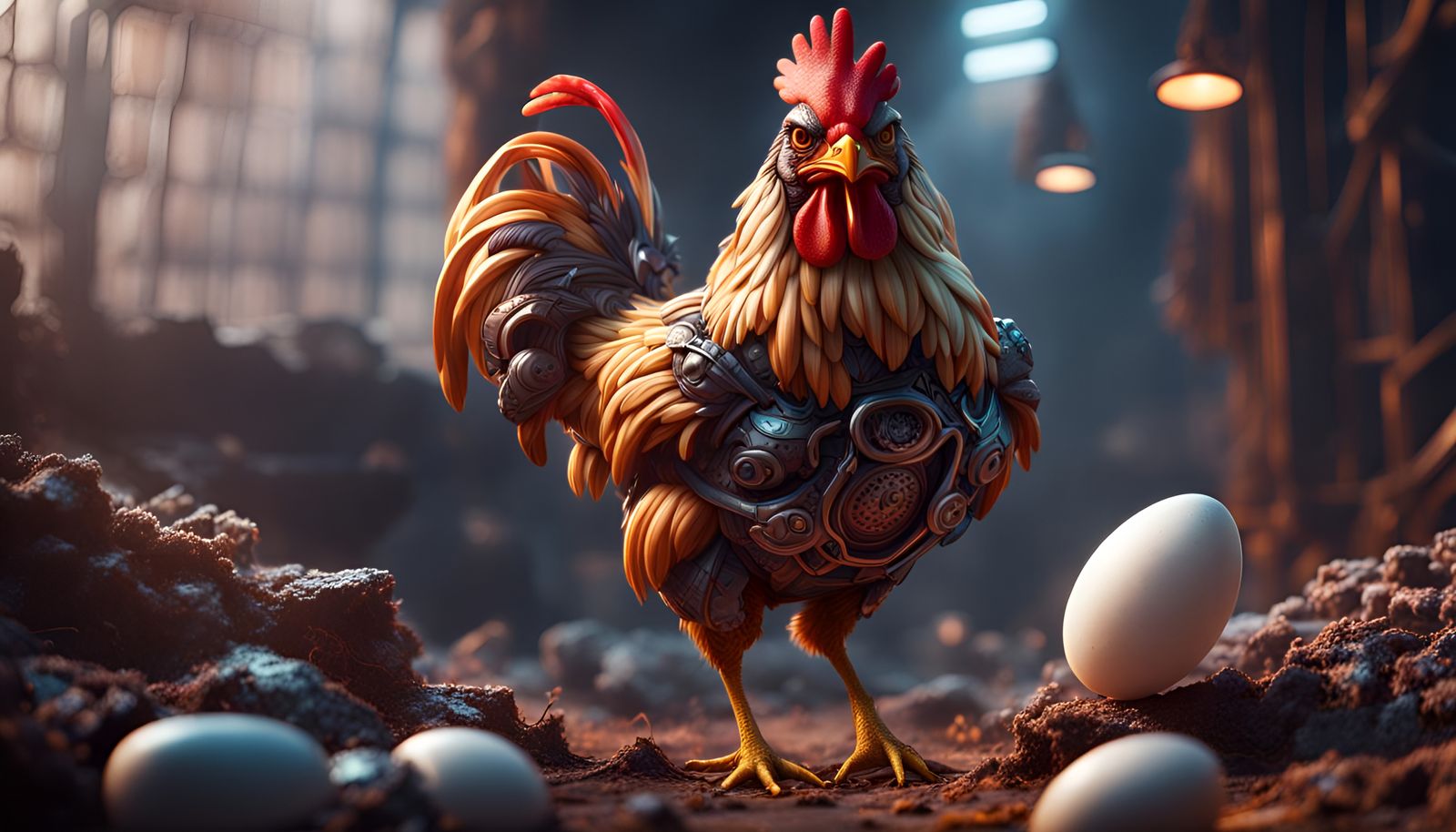Cyborg Chicken shooting eggs detailed matte painting, deep color ...