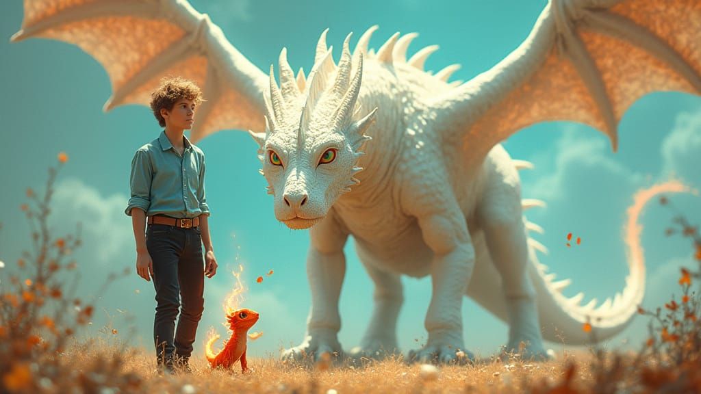 Majestic Snow-White Dragon in Whimsical Music-Note... - AI Art