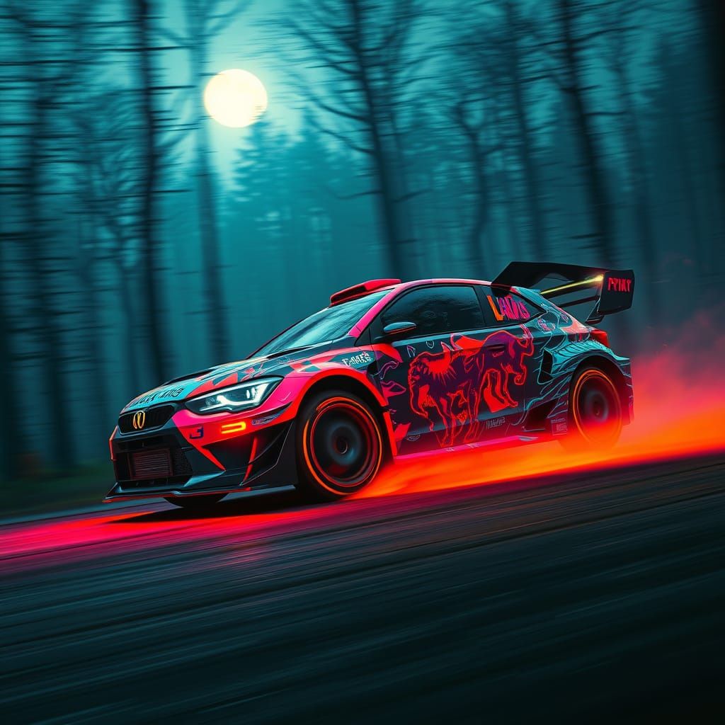 Rally car wrapped in "lazarus" artwork