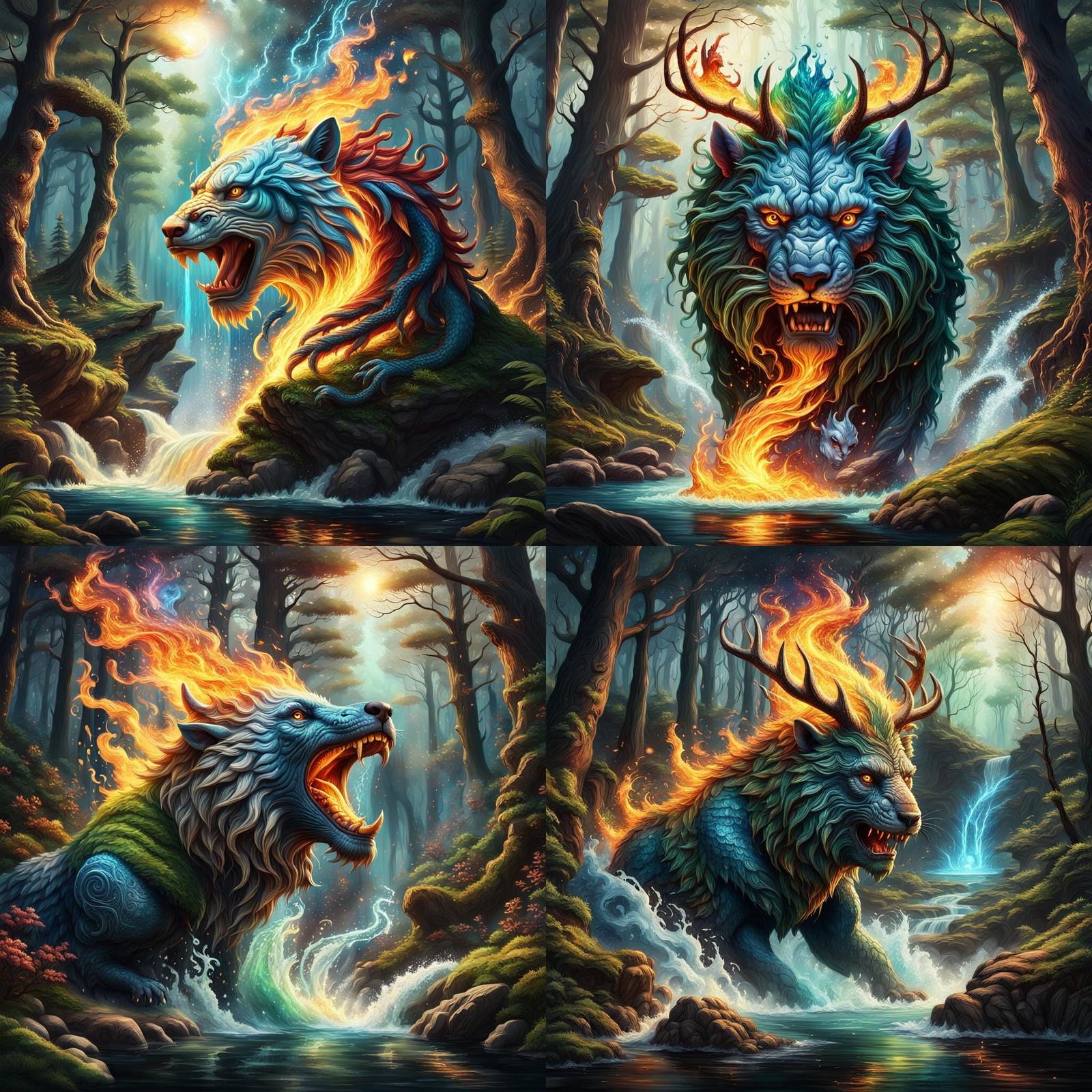 A enchanted forest with wind water and fire earth elements turning in ...