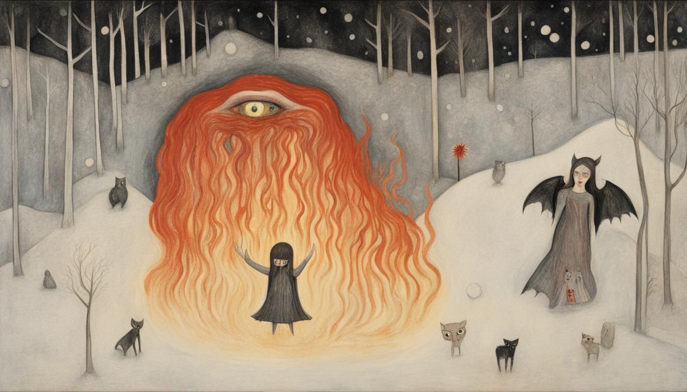 demon girl screaming at a burning black heart. snow is falling. a fire ...