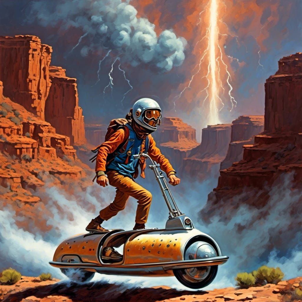 California hippie freak jumping his Retro Rocket Powered Astro scooter ...