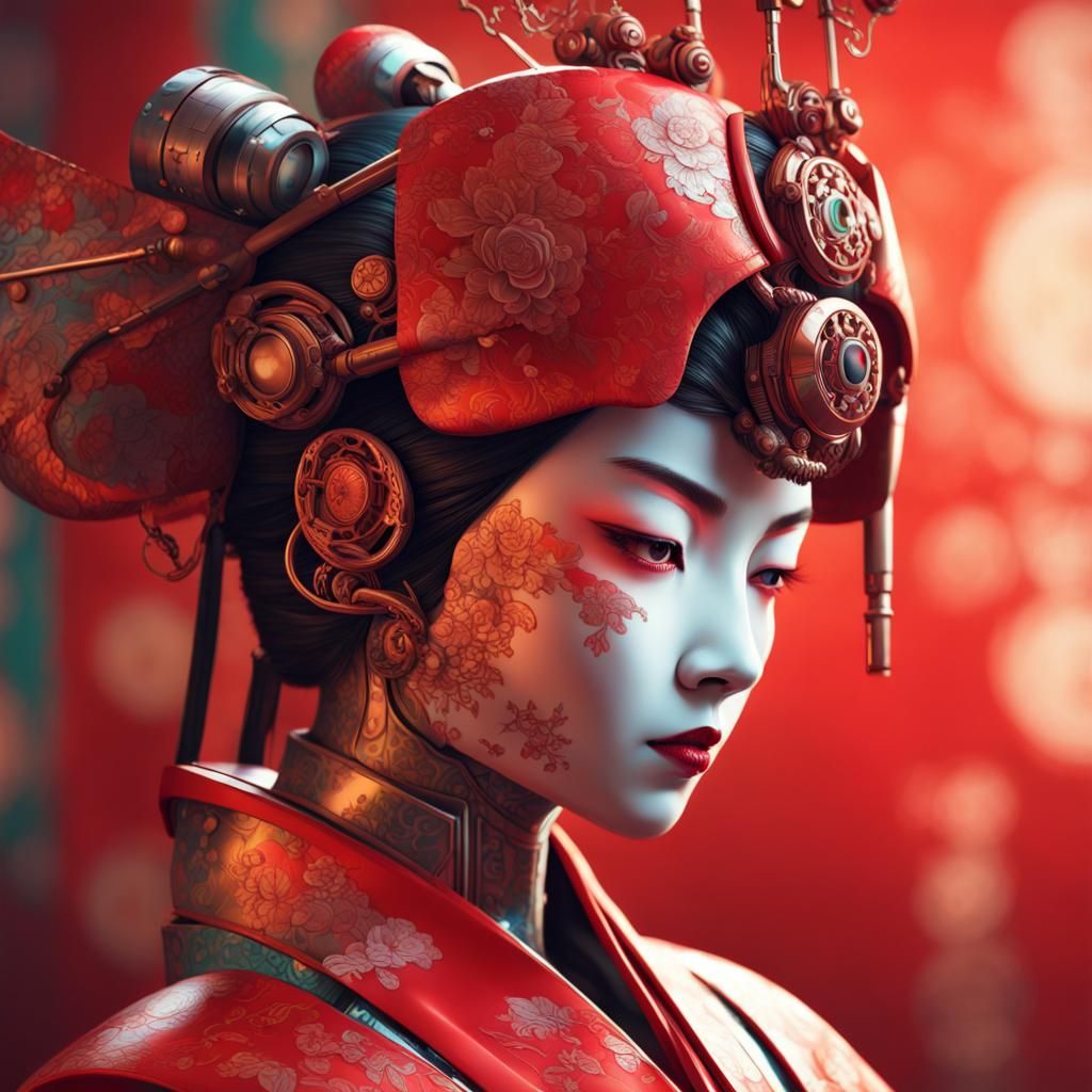 Miyazaki art style geisha robot wearing red - AI Generated Artwork ...