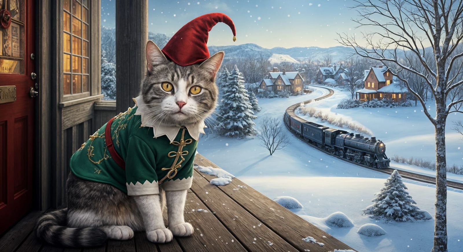 Elf cat - Whimsical Winter Wonderland Scene with Feline Elf