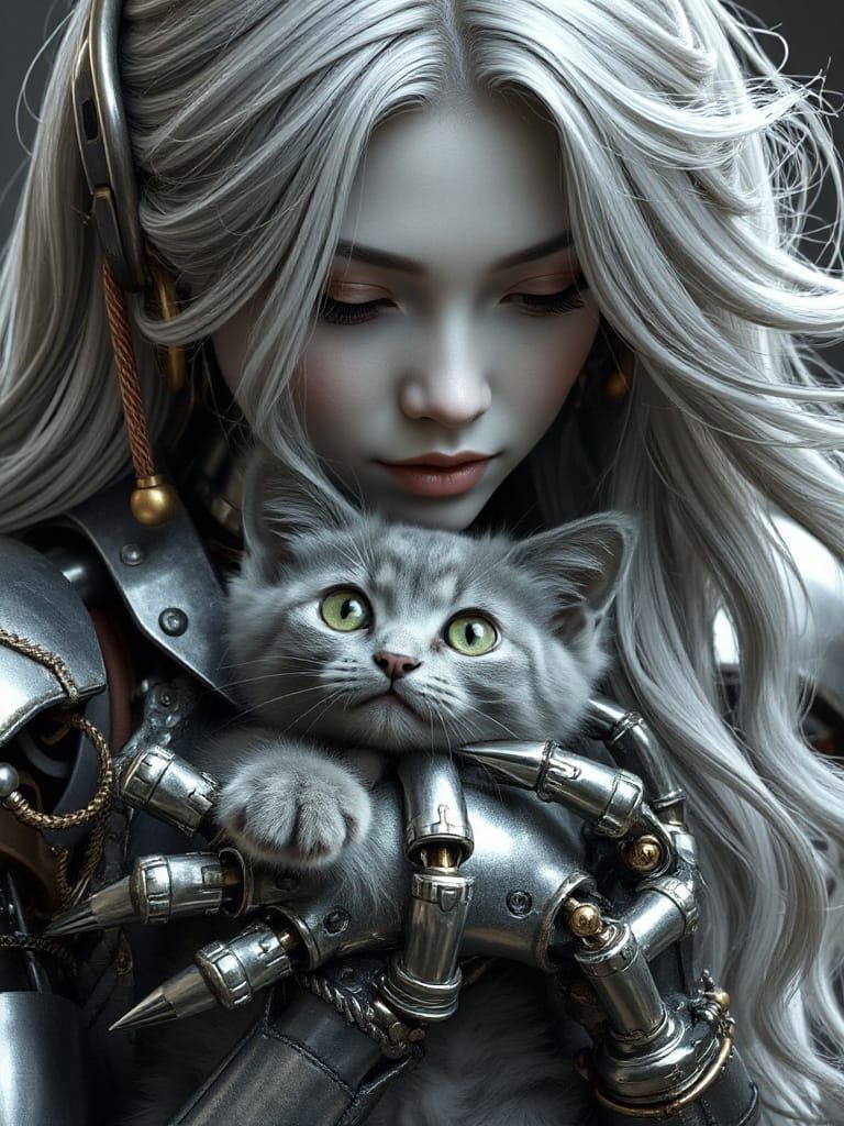 Cyborg Goddess Cares for Furry Kitten with Gentle ... - AI Art