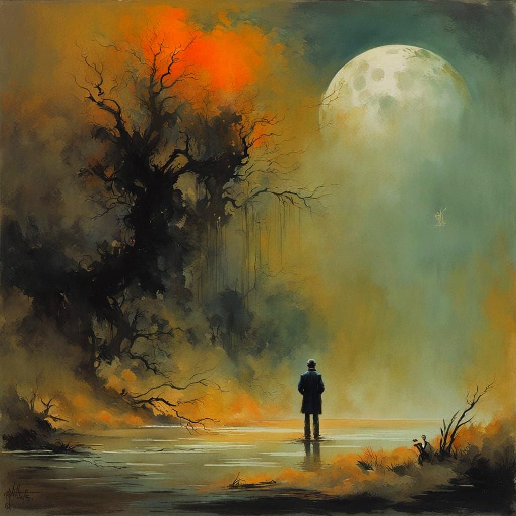 Alone - Man Contemplates Serene Moonscape in Rich, Eerie Col...