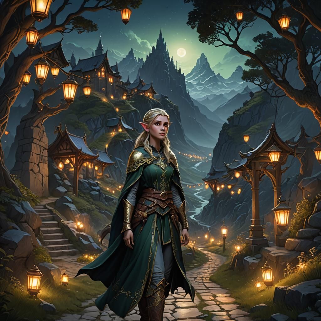 Lady elf, mountain path, lanterns, dark sky, guiding lights, serene, mystical, detailed ...