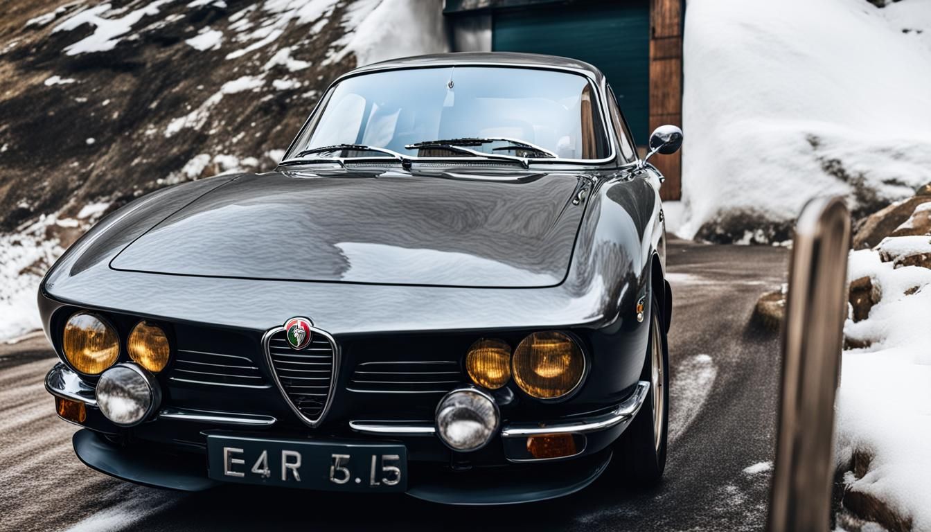 alfa romeo in a sunny winter day in the mountains. snow on the hills ...