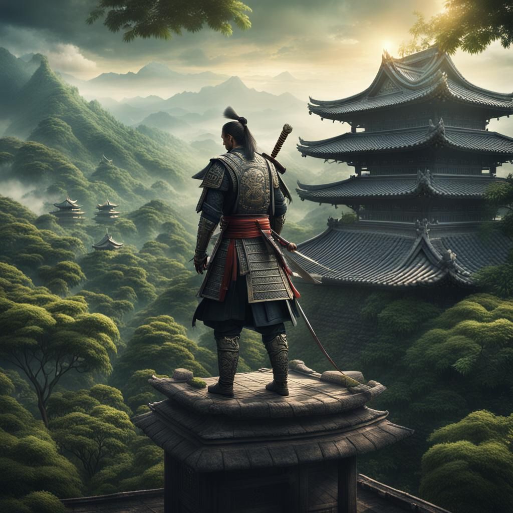 A samurai warrior, full muscled body, standing on the a rooftop of a ...