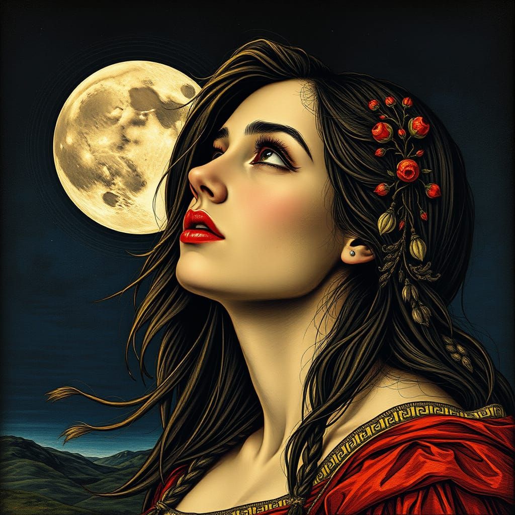 Moonlit Portrait of a Beautiful Woman in Vibrant, ... - AI Art