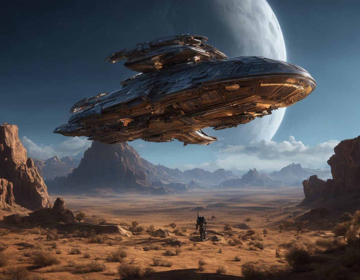 starship hovering over an alien landscape with a full moon sunset ...