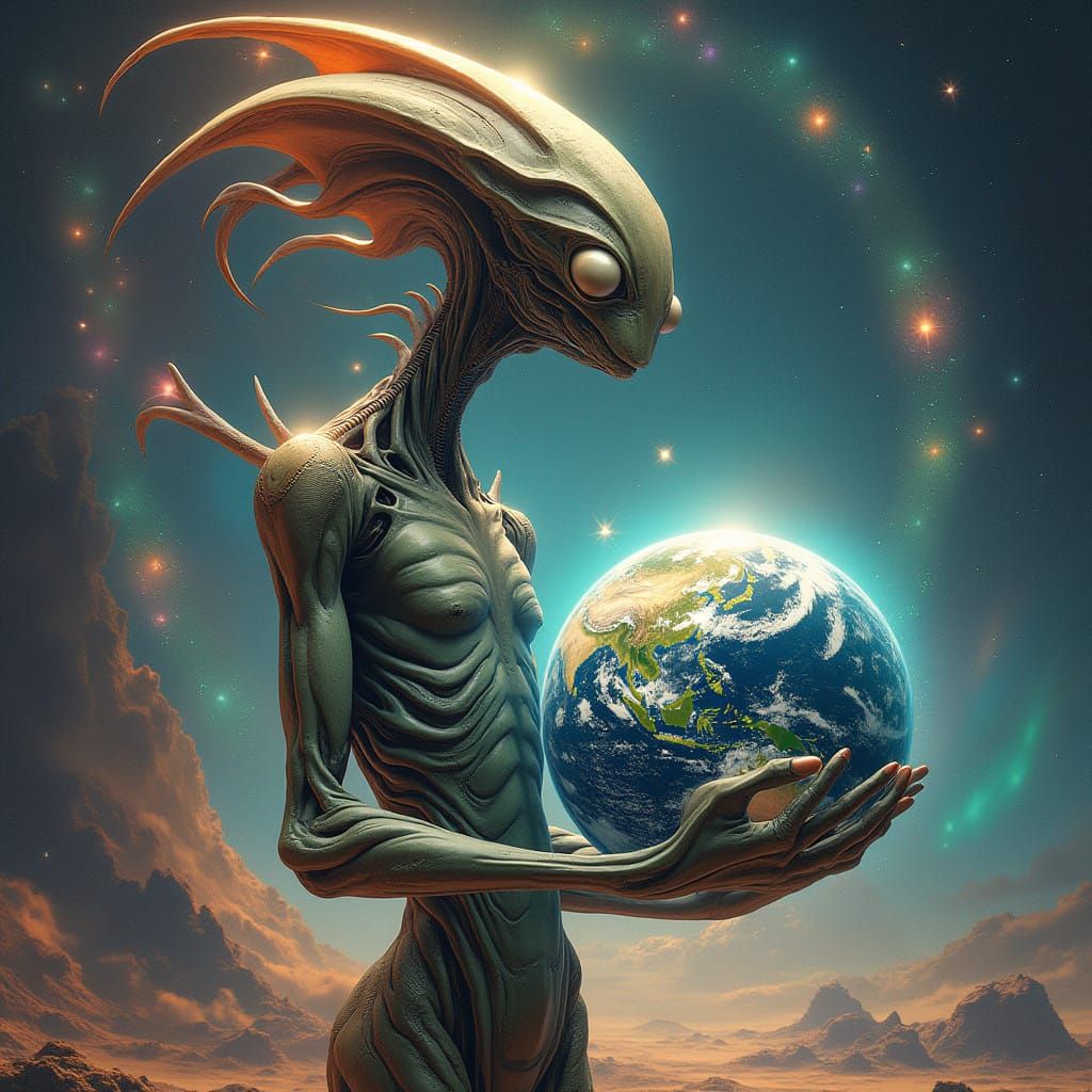 Alien holding the Earth - Ethereal Alien Cradles the Earth i...