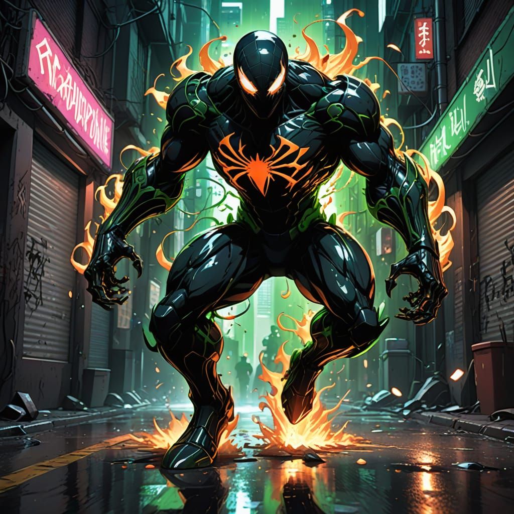 Cyberpunk Symbiote Battles Police in Neon Alleyway - AI Art