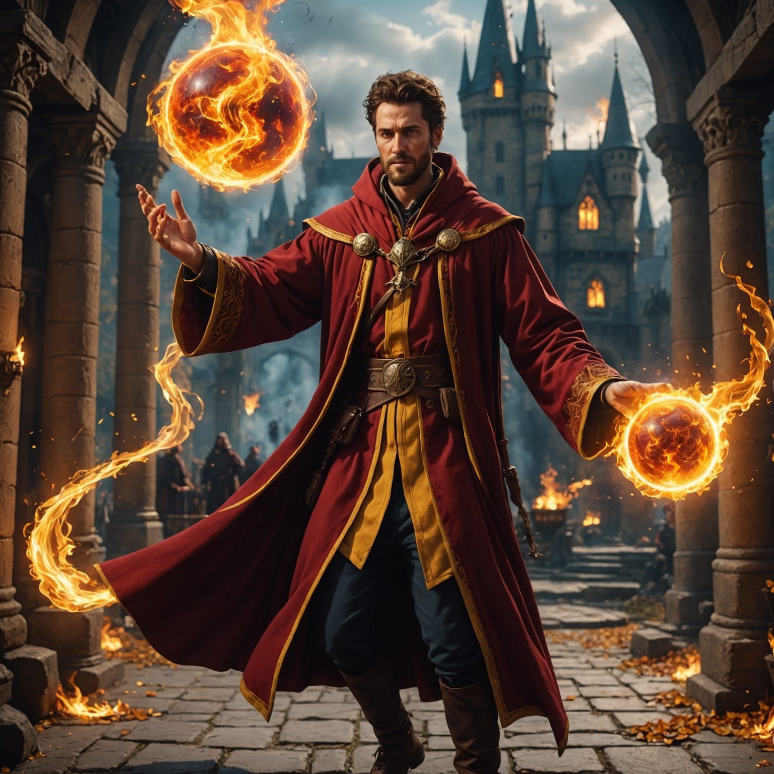 Human male fire wizard wearing red robes with yellow trim casting a ...