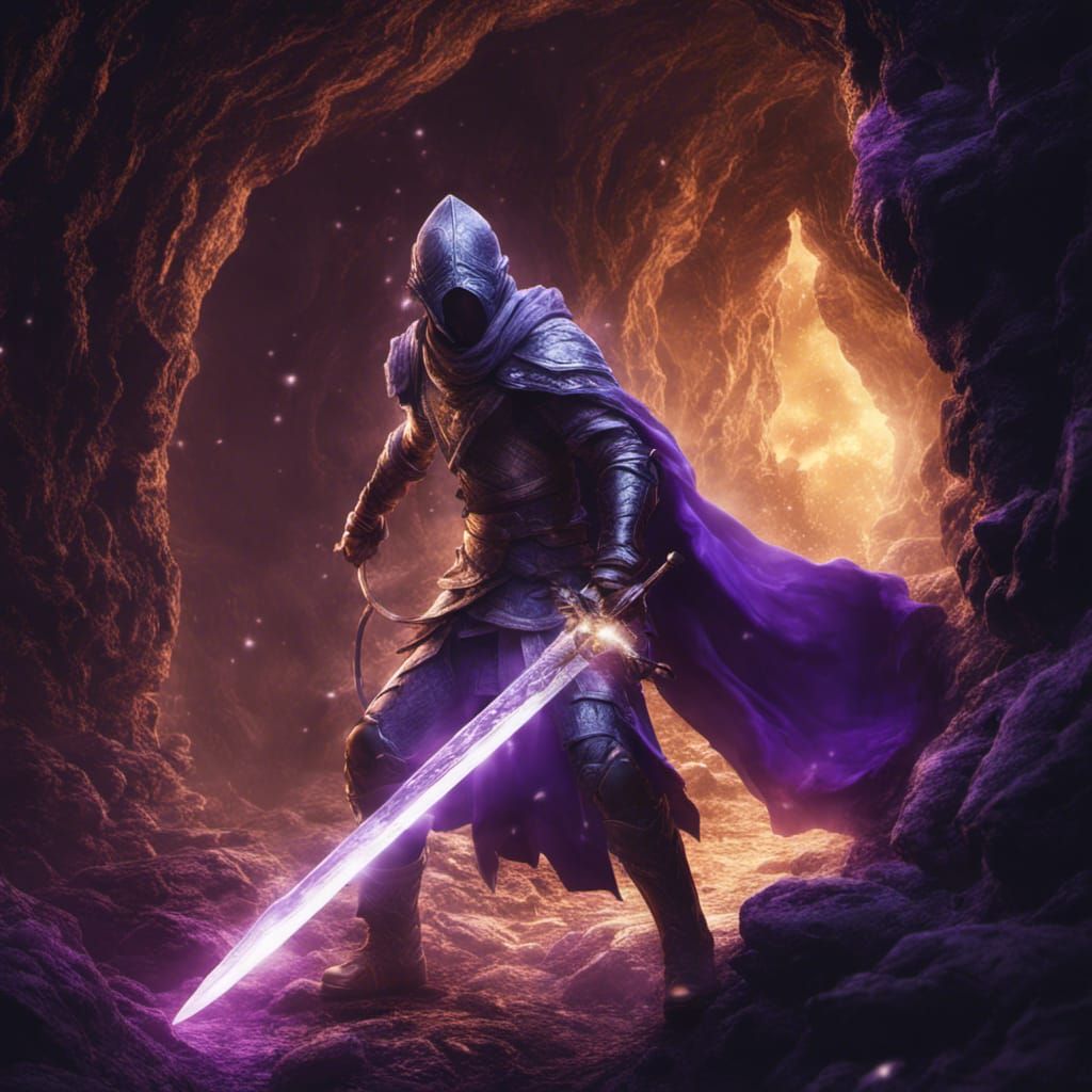 gold and white swordsman wielding a purple glowing sword adventuring ...