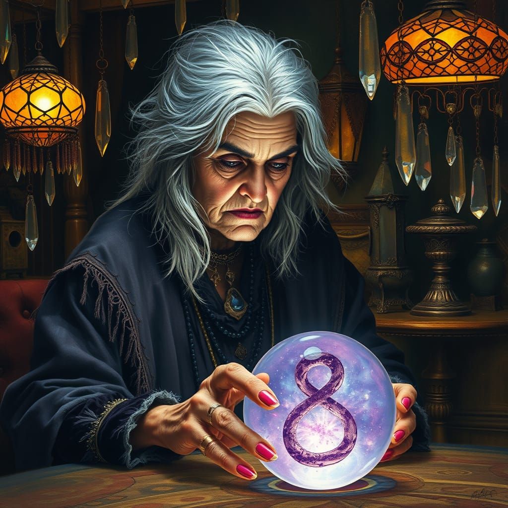 Mystical Gypsy Crone Sees Prophecy in Crystal Ball - AI Art