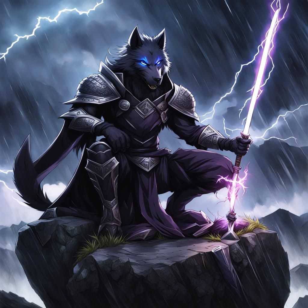 Realistic void lightning Ninja Powerful werewolf sitting on a rock with ...