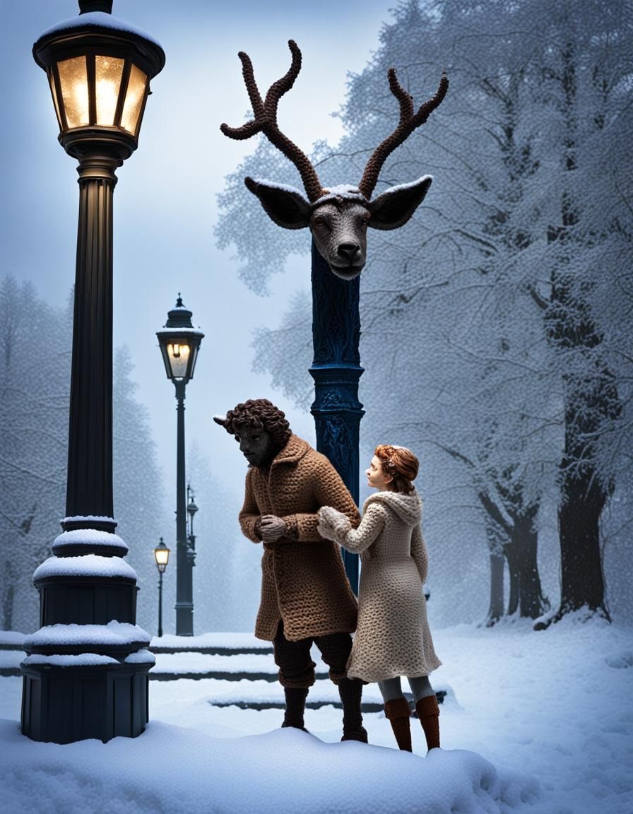 Crochet of the faun Mr Tumnus and Lucy by the lampost in snowy Narnia ...
